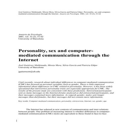 Personality Sex And Computer Mediated Communication Through The Internet Pdf
