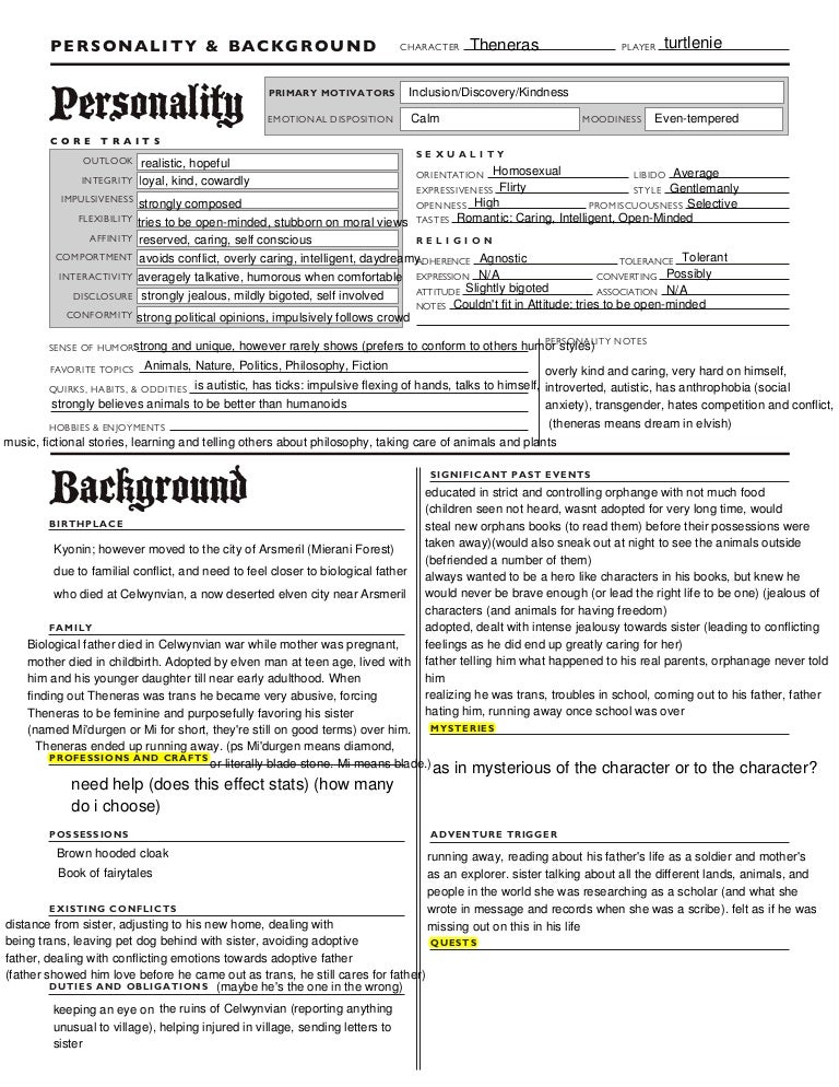 Personality sheet