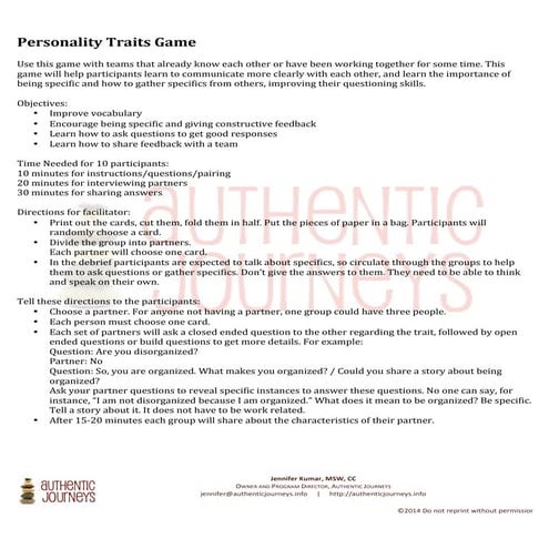 Personality Traits - Icebreaker in Corporate Training | PDF
