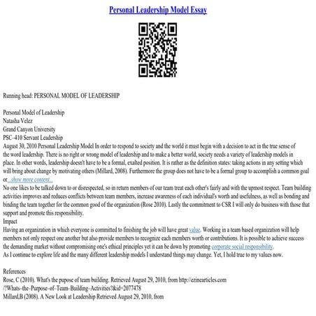 Personal Leadership Model Essay | PPT