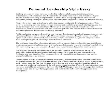Personal Leadership Style Essay. Sample College Leadership Essay ...