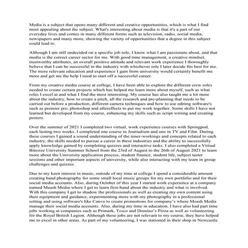 Personal Statement Draft 2 | DOCX | Content Production | Hobbies ...