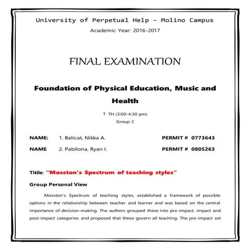 "Mosston's Spectrum of teaching styles" | DOCX