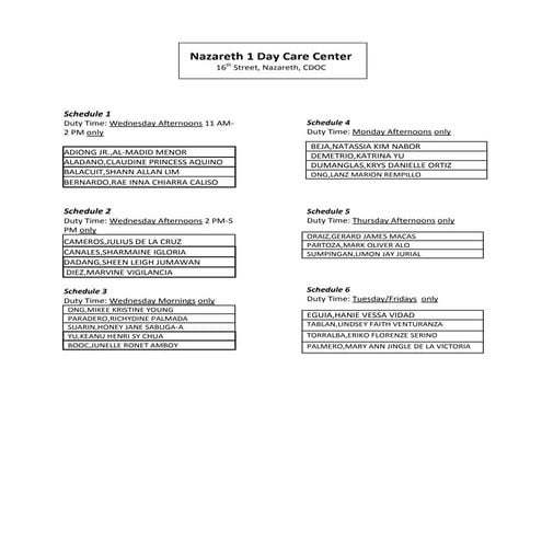 Person program area work schedules all students | DOCX