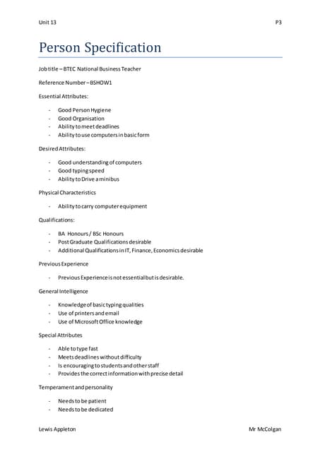 Person spec for interview questions | DOC