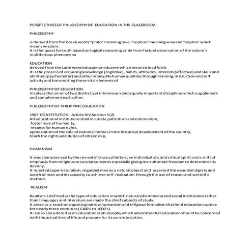 Perspective philosophy of education in the classroom | DOCX