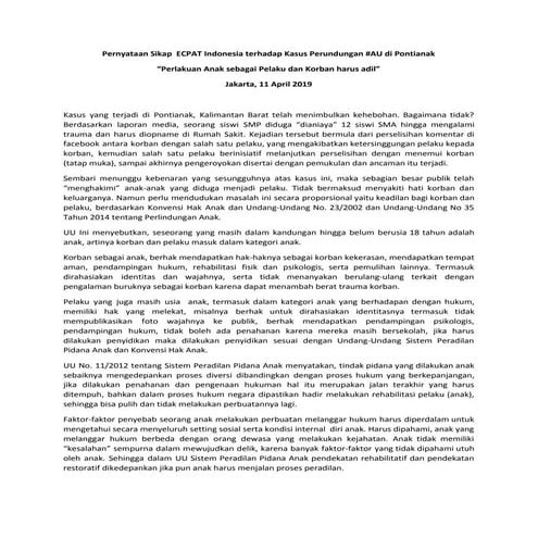 Pers release pernyataan sikap ecpat indonesia terhadap kasus perundungan di pontianak | PDF