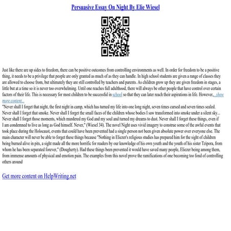Persuasive Essay On Night By Elie Wiesel | PPT
