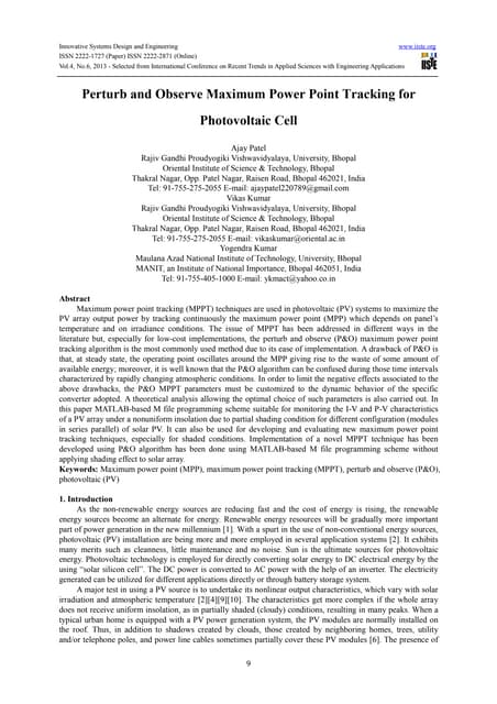 Simulation And Analysis Of Perturb And Observe Mppt Algorithm For Array Using Cuk Converter Pdf