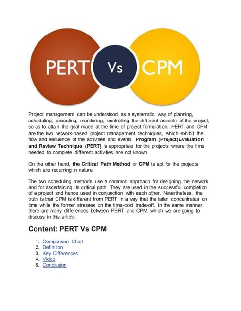 Difference between PERT and CPM | PDF