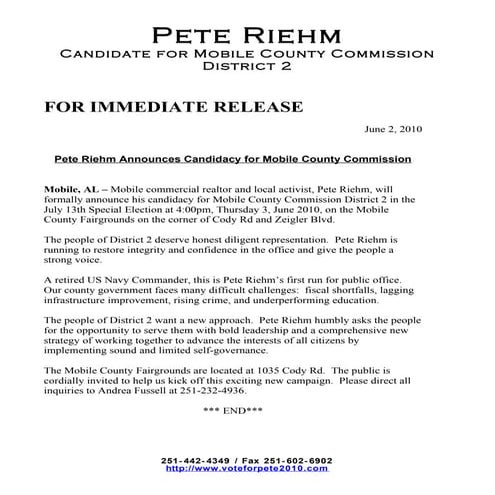 Pete Riehm Press Release - Mobile County Commission Candidacy ...