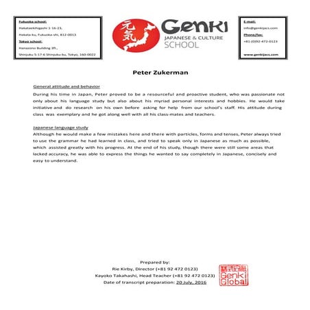 Recommendation Letter - Genki Language School | PDF