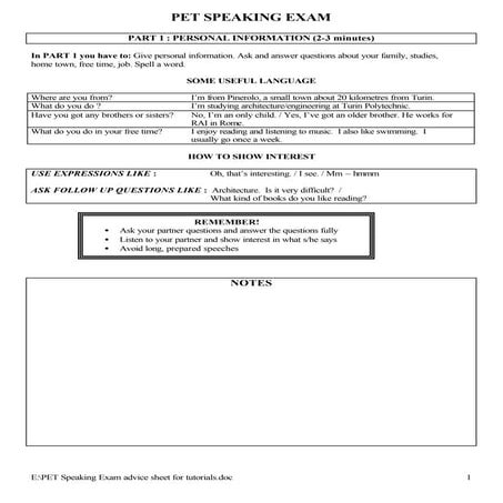 Pet speaking exam_advice_sheet_for_tutorials | PDF