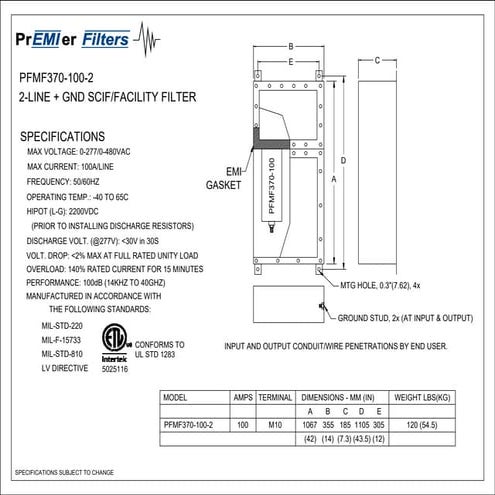 PFMF370-100: Compact 100A 2-Line EMI Filter for Demanding Systems | PDF
