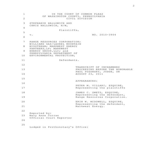 Settlement Hearing Transcript Hallowich v Range Resources | PDF