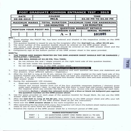 PGCET MCA 2015 Question Paper | PDF | Computing | Technology & Computing
