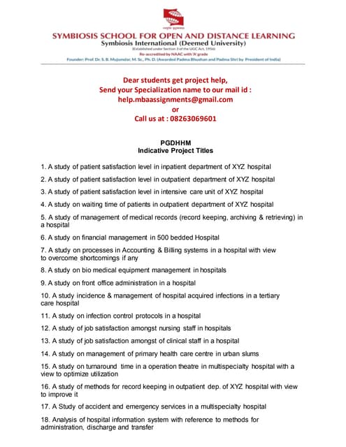 MBA HOSPITAL MANAGEMENT PROJECT TOPIC LIST.pptx | Healthcare Industry ...