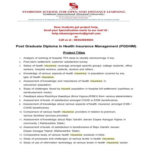 Pgdhhm project titles | DOC