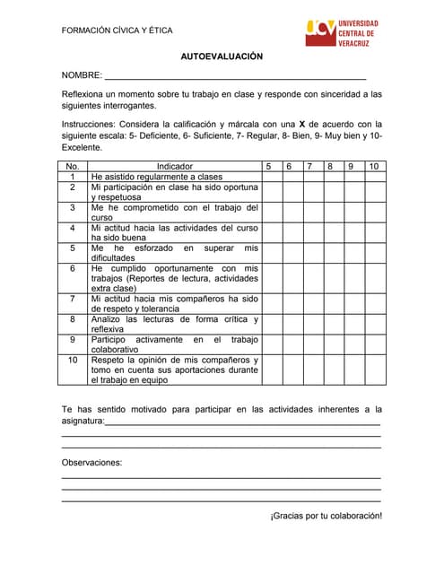 Formato dos de autoevaluación del estudiante | PDF