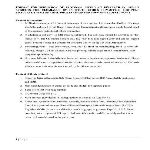 Post graduate thesis protocol to research cell and insitute ethical ...