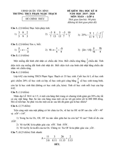 Đề Thi HK2 Toán 6 - THCS Trần Văn Ơn | PDF