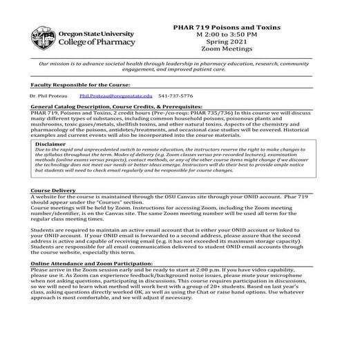PHAR719 Poisons and Toxins Syllabus Spring21 | PDF