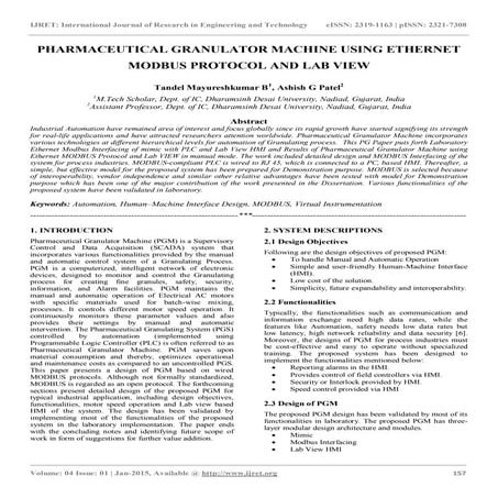 Pharmaceutical granulator machine using ethernet modbus protocol and lab view | PDF