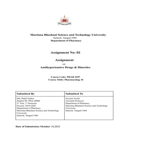 Antihypertensive Drugs & Diuretics|Pharmacology Assignment 3.1.pdf