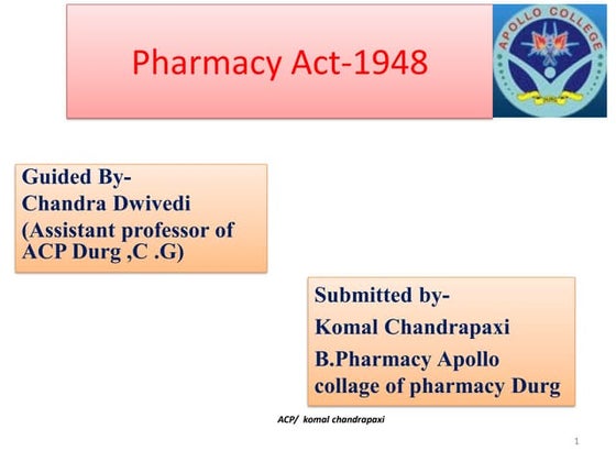 Pharmacy Council of India. 1948 - Pharmacy act | PPT