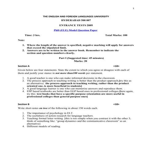 Ph d entrance test efluniversity.ac.in the english and foreign ...