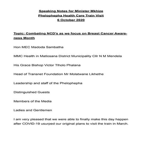 Phelophepha health care visit speaking notes by Min Mkhize | PDF