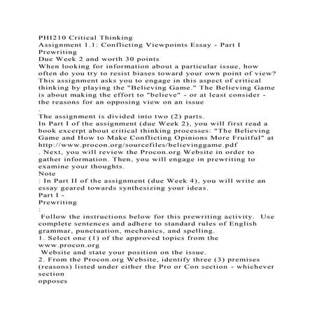PHI210 Critical ThinkingAssignment 1.1 Conflicting Viewpoints Ess.docx