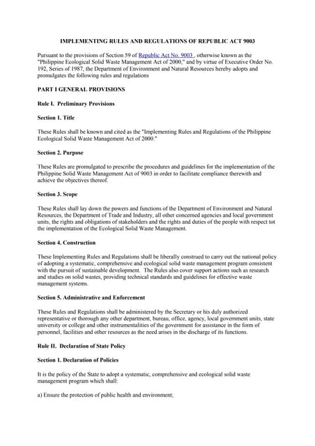 Republic act no. 9003(Ecological Solid Waste Management act of 2000 ...