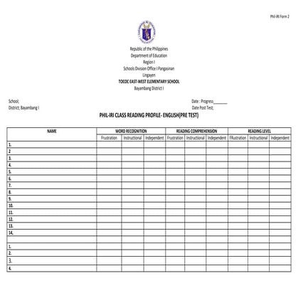 Reading Profile Template Download Updated Phil IRI Forms • DepEd