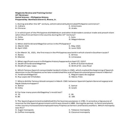 LET Reviewer (Social Science - Philippine History) | DOCX