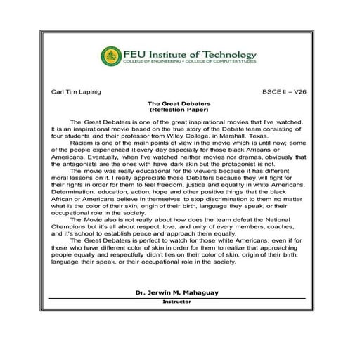 The Great Debaters Reflection Paper | DOCX