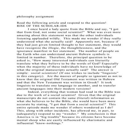 philosophy assignment Read the following article and respond to .docx