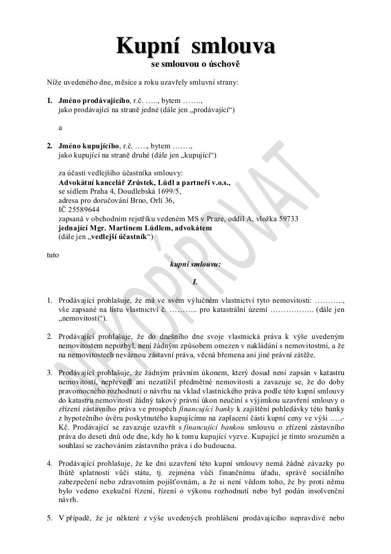Kupní smlouva s úvěrem - vzor SDK reality, Brno
