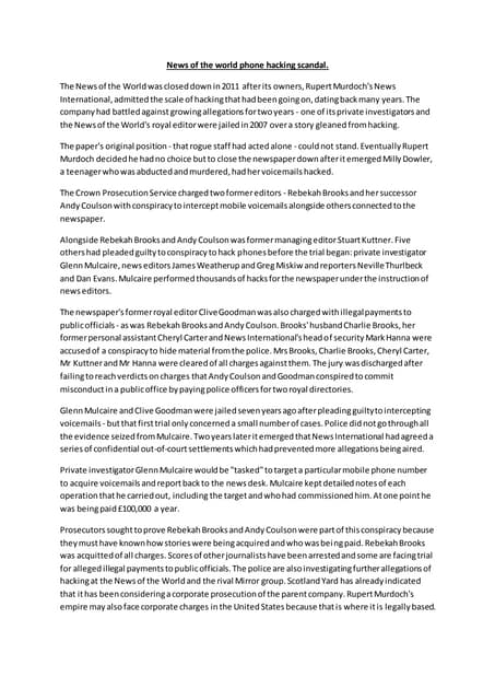 News corp phone hacking scandal | PPTX | Media Industry | Industries