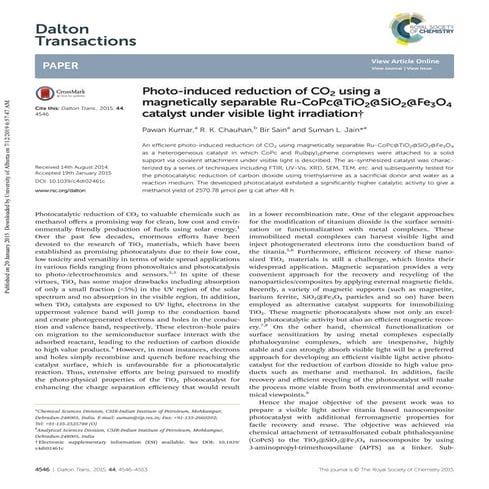 Photo Induced Reduction Of Co2 Using A Magnetically Separable Ru Copctio2sio2fe3o4 Catalyst