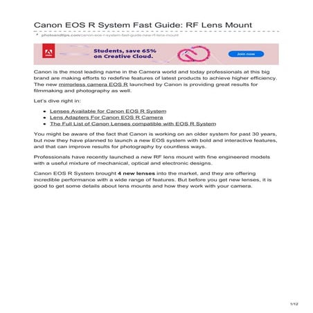 Canon EOS R System Fast Guide: New RF Lens Mount | PDF