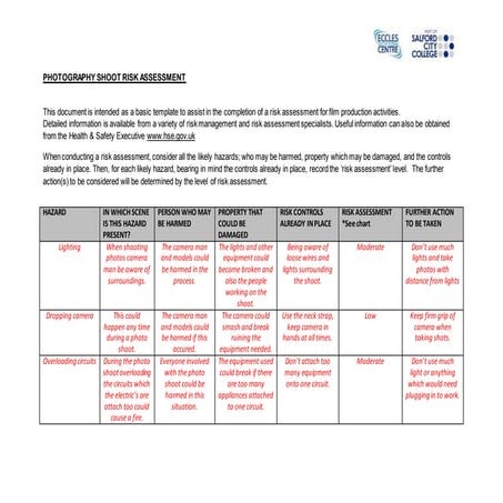 Photography shoot risk assessment form | DOCX