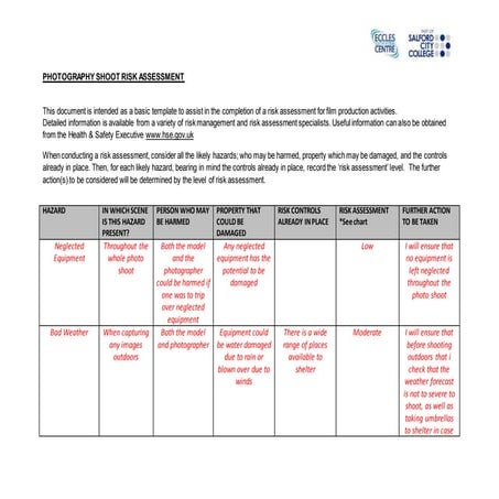 Photography shoot portrait risk assessment form 1 | DOCX