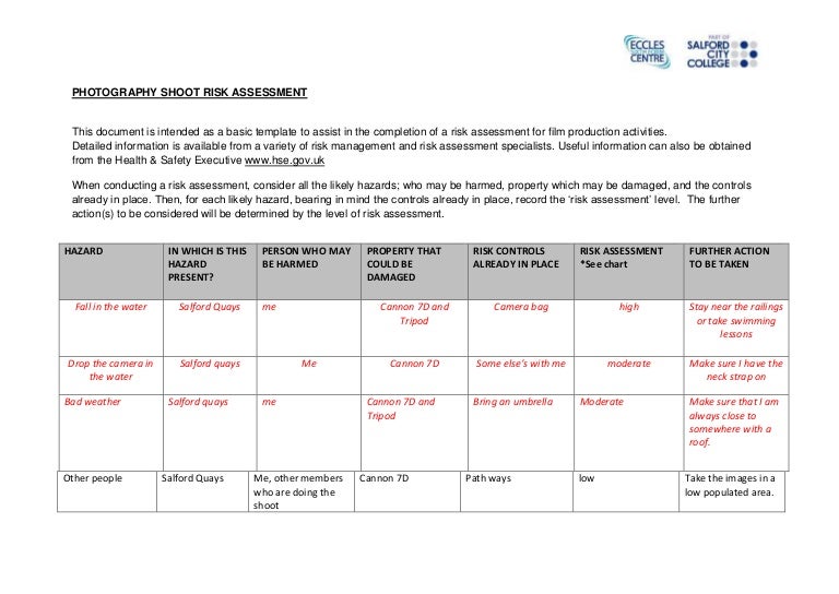 Photography shoot risk assessment form