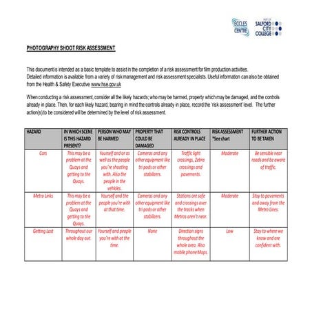 Photography shoot risk assessment | DOCX