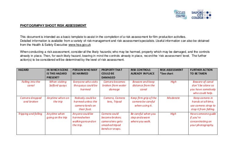 Photography shoot risk assessment form