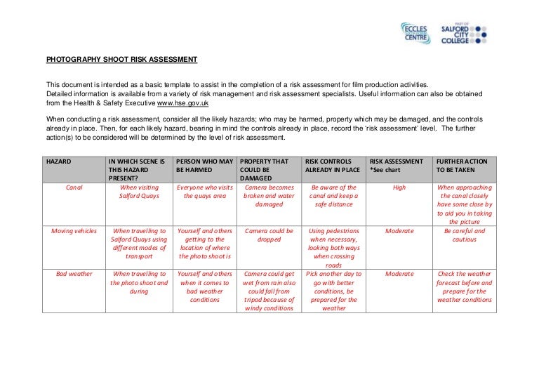 Photography Shoot Risk Assessment Form