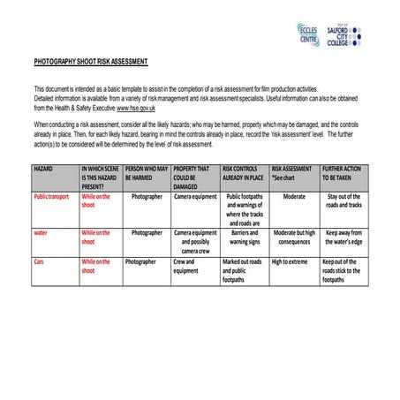 Photography shoot risk assessment form | DOCX