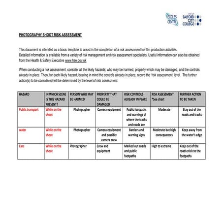 Photography shoot risk assessment form | DOCX