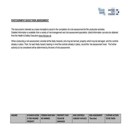 Photography shoot risk assessment form | DOCX